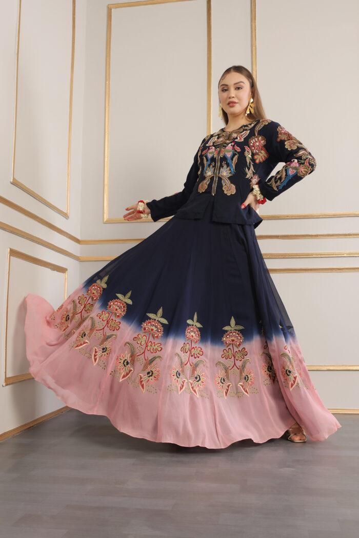 Turkish Embroiderd Kali Ombre Lehenga And Front Zipper Jacket