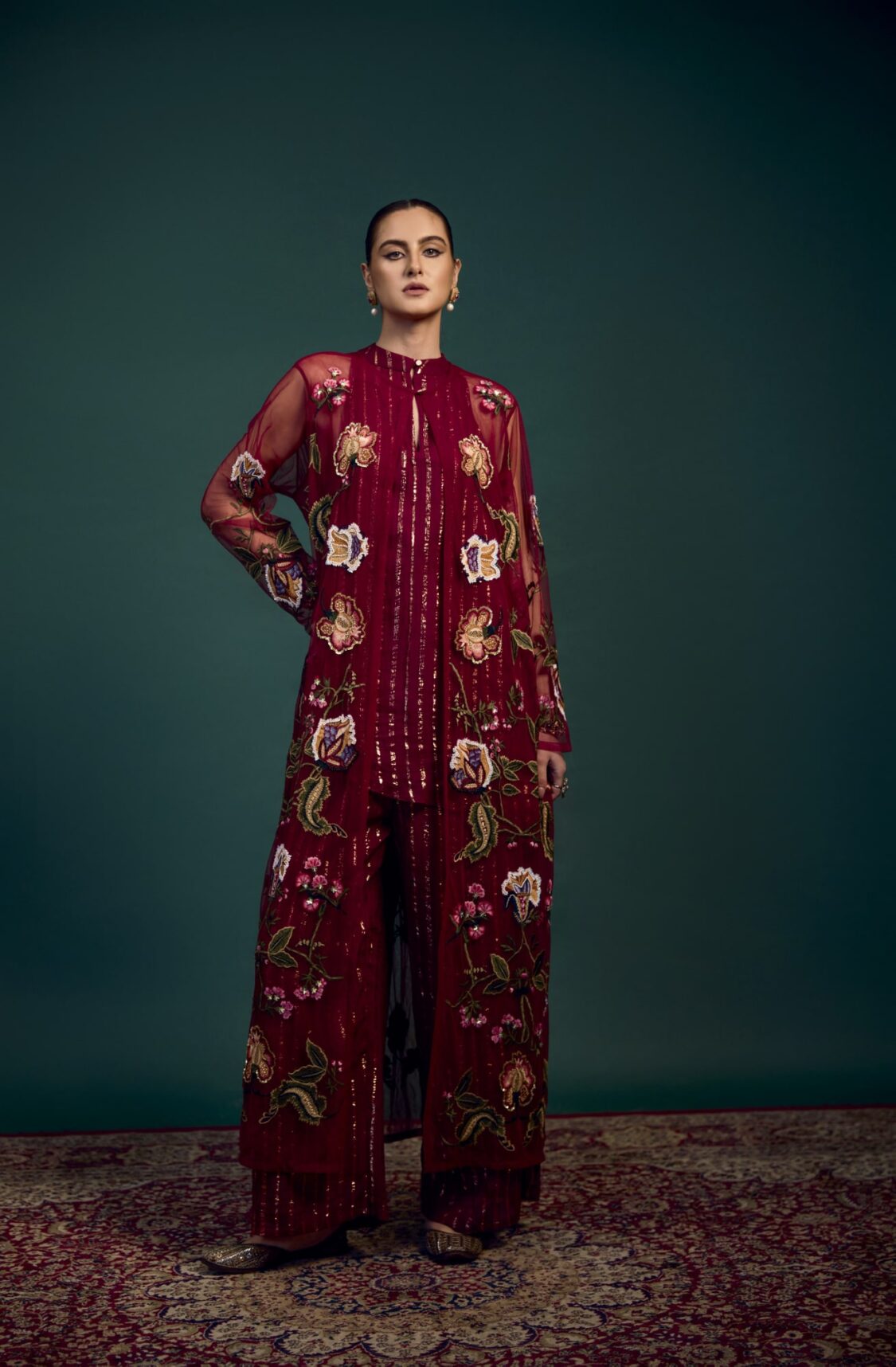 Burgundy Embroidered Turkish Jacket Set - Folklore Collections Online