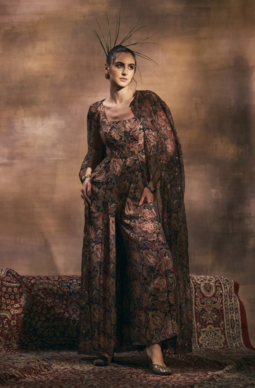 Turkish Print Silk Jumpsuit With Organza Long Jacket - Folklore