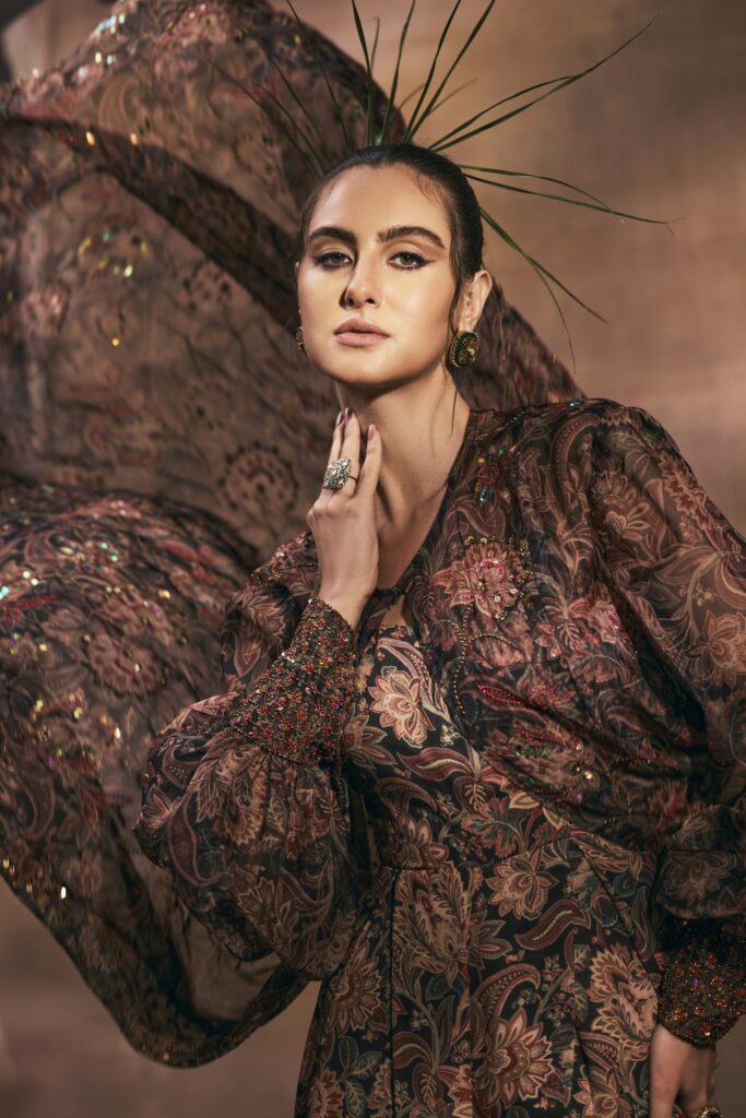 Turkish Print Silk Jumpsuit With Organza Long Jacket - Folklore